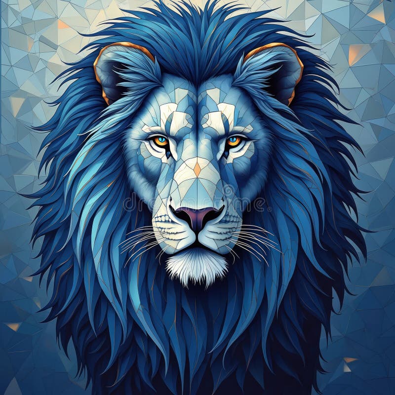 Illustration of Blue Lion Head with Geometric Pattern. Features Vibrant ...