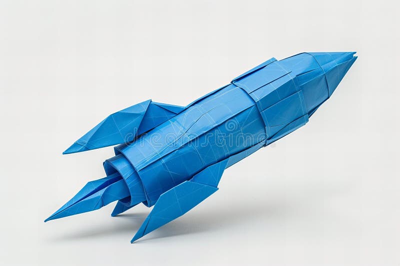 Illustration of Blue Origami Rocket on White Background, Minimalism ...