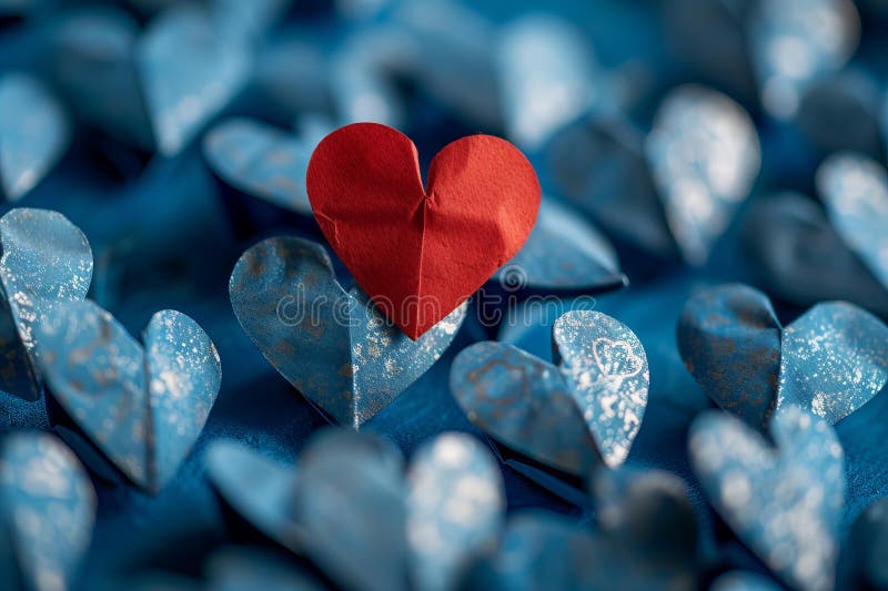 Illustration of Blue Paper Hearts on Blue Background with One Red Heart ...