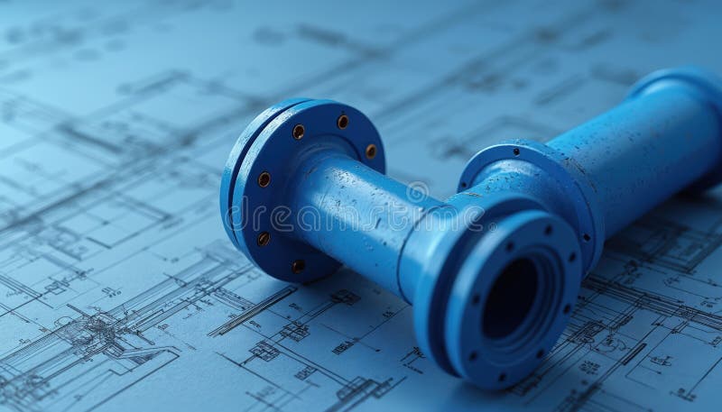 Illustration Blue Pipe with Flanges Lying on Engineering Drawings ...