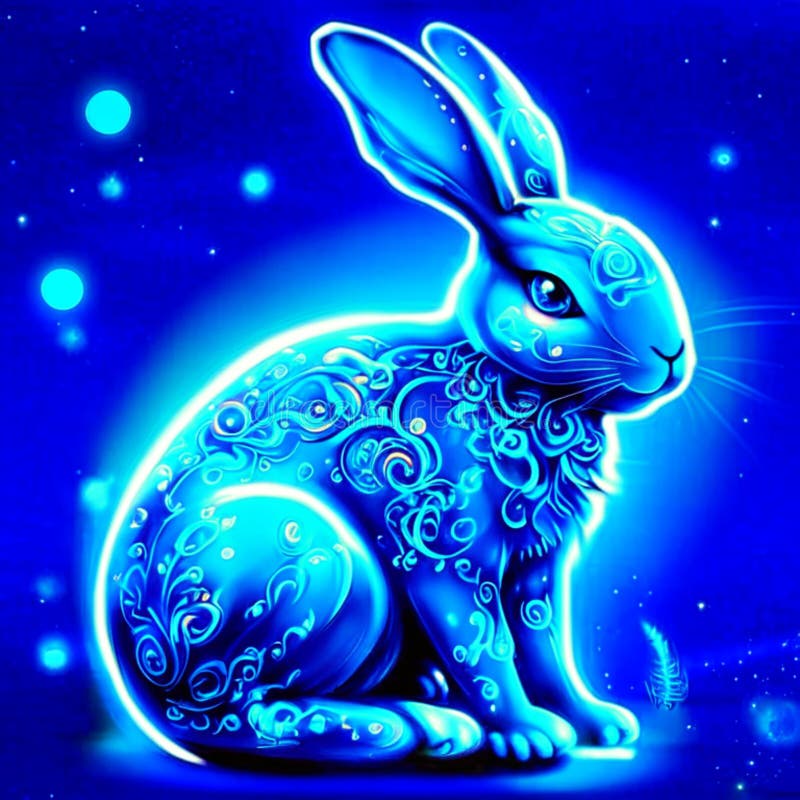 Illustration of a Blue Rabbit on a Blue Background with Space for Text ...