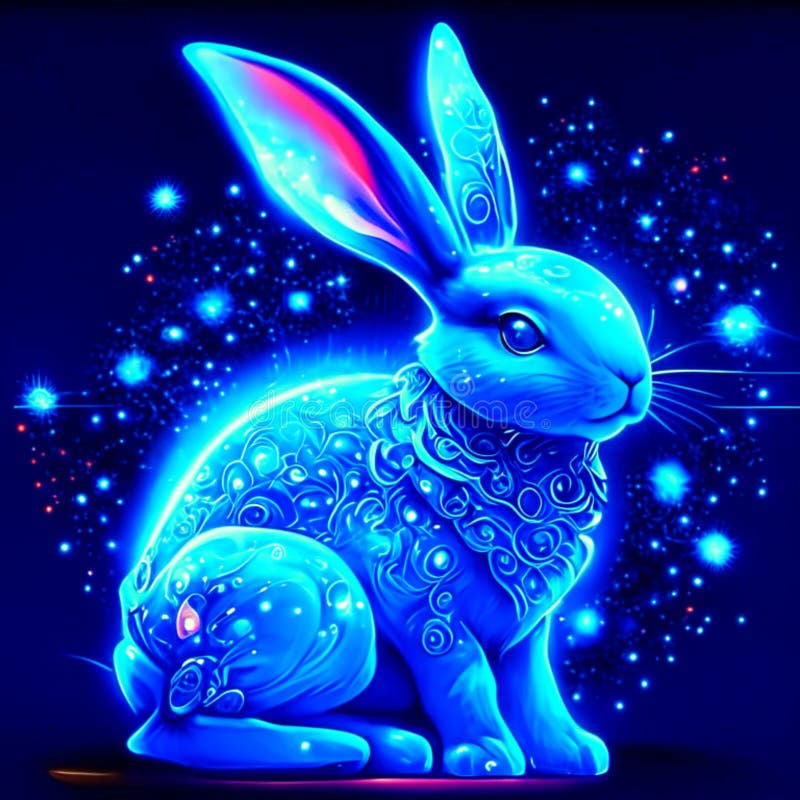 Illustration of a Blue Rabbit on a Dark Background with Neon Lights ...