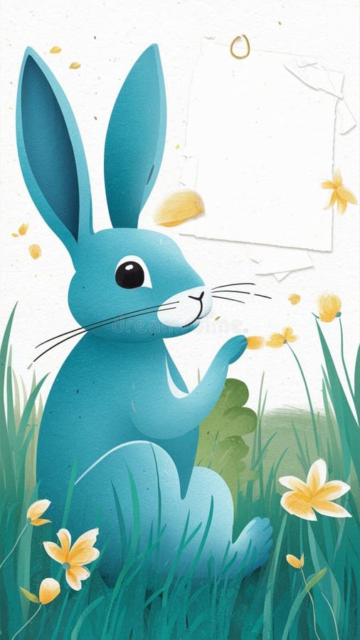 Illustration of a Blue Rabbit in the Middle of the Grass with Light and ...
