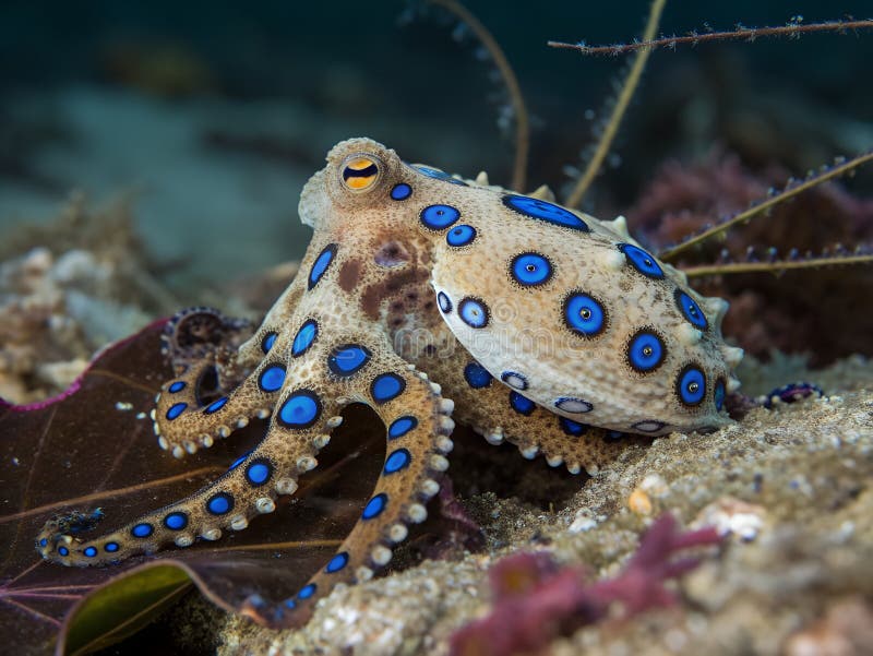 Illustration of a Blue Ringed Octopus in the Ocean Floor among Algae ...