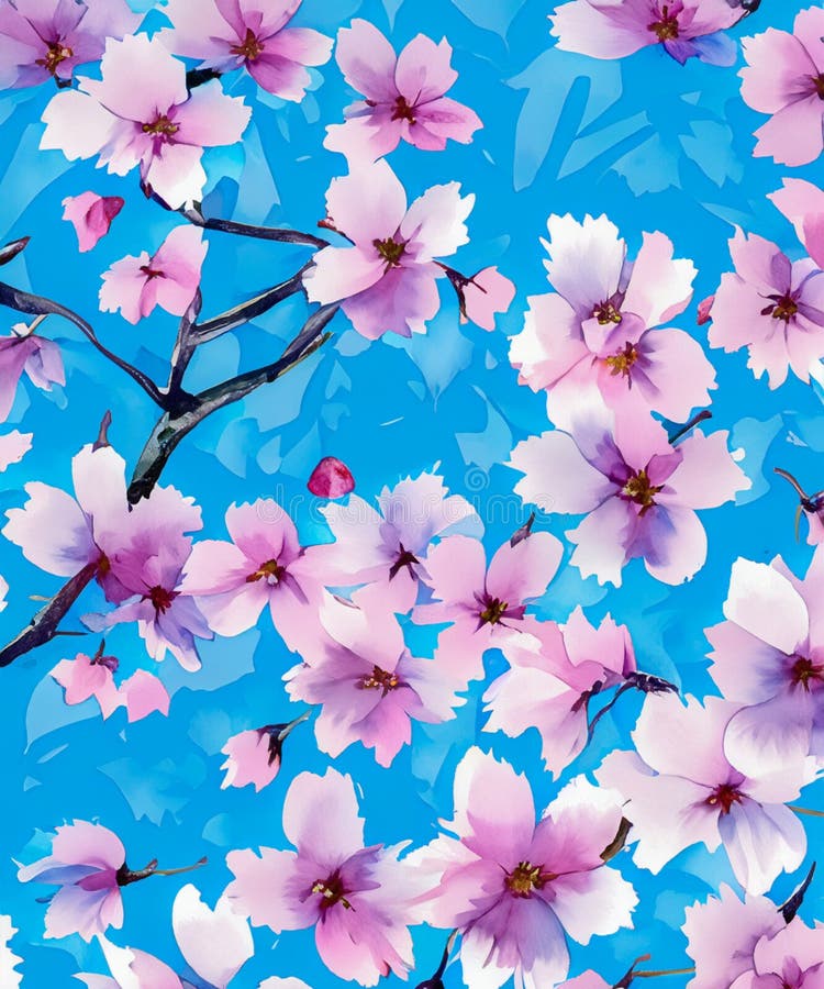 Illustration of Blue Sky and Cherry Blossoms Watercolor Stock ...
