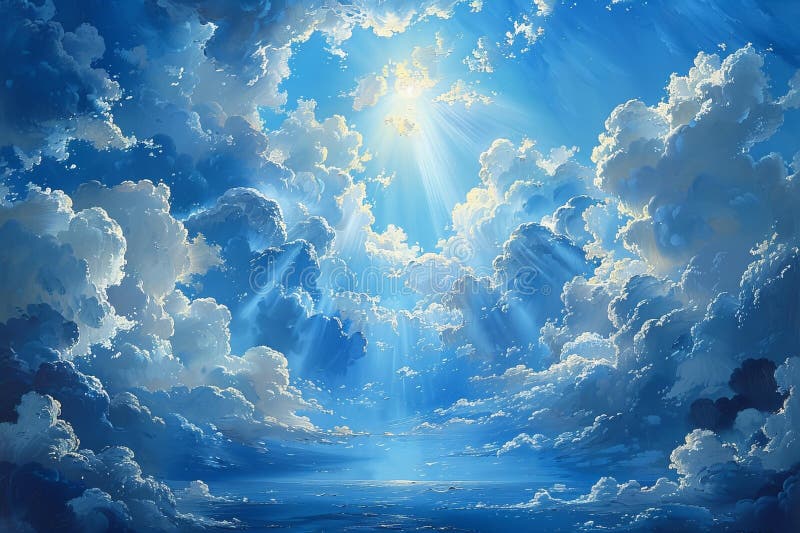 Illustration of Blue Sky with White Clouds and Sun Rays Shining through ...