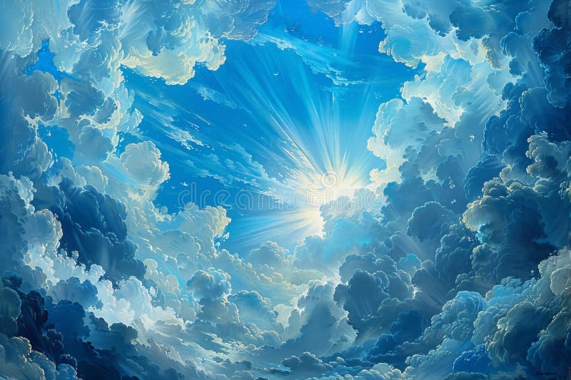 Illustration of Blue Sky with White Clouds and Sun Rays Shining through ...