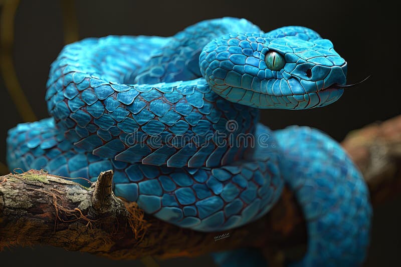 Illustration of Blue Snake Curled Up on a Branch with Dark Background ...