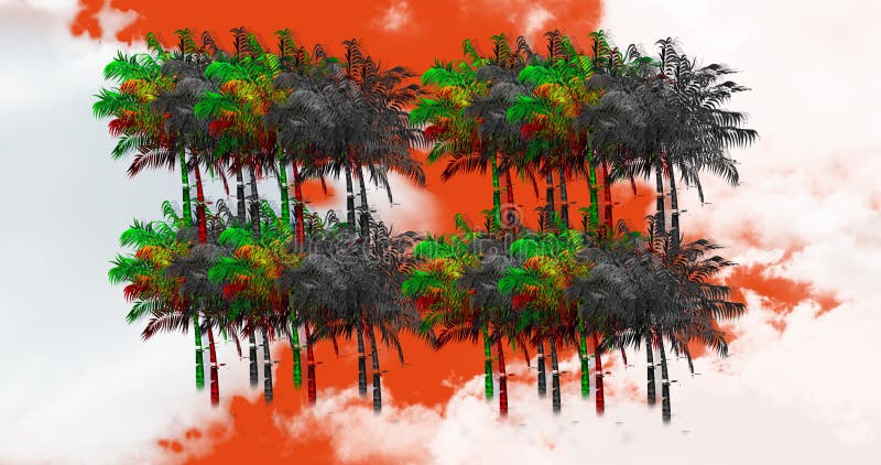 Illustration of Blurred Palm Trees and Fluffy Clouds Against Orange ...