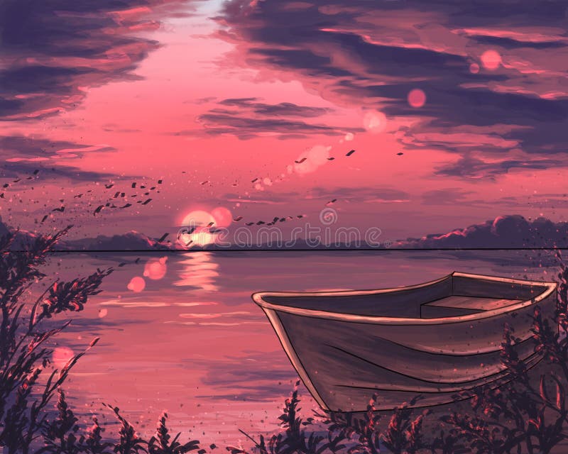 Illustration of a Boat at Sunset Stock Illustration - Illustration of ...