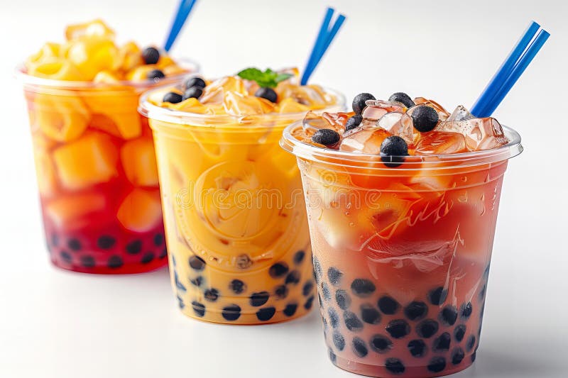 Boba Teas in Plastic Cups Isolated on a White Background, with ...
