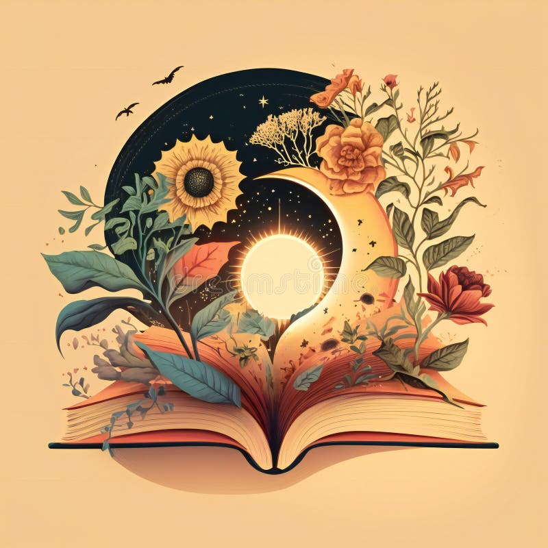 Illustration of a Book with Moon and Flowers. Vector Illustration Stock ...