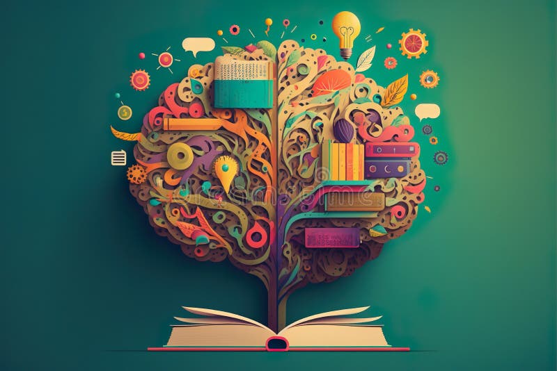 Illustration of a Book Over Which Education, Mind and Tree of Knowledge ...