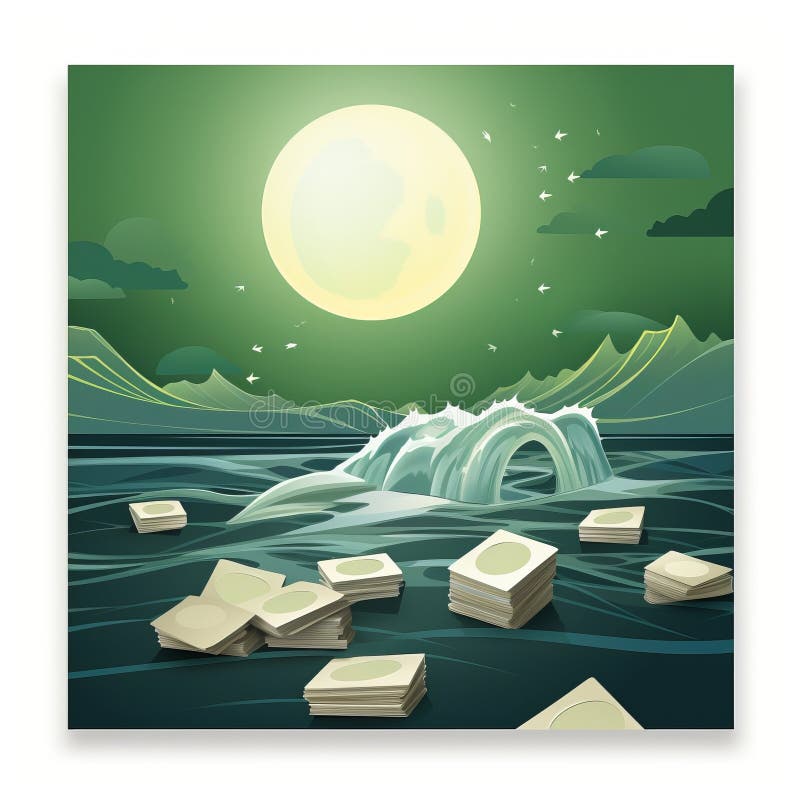 An Illustration of Books Floating in the Ocean with a Full Moon in the ...