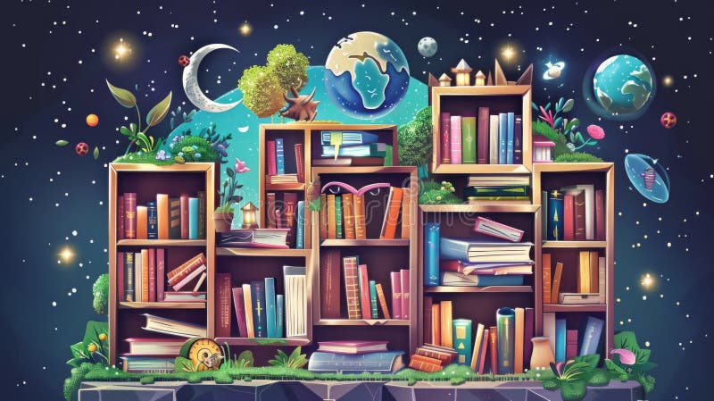 Illustration of a Bookshelf with Cubes Representing Different Worlds of ...
