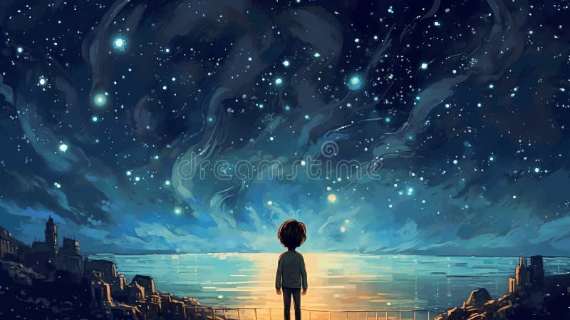 Illustration of a Boy Looking at Night Starry Sky. Generative AI Stock ...