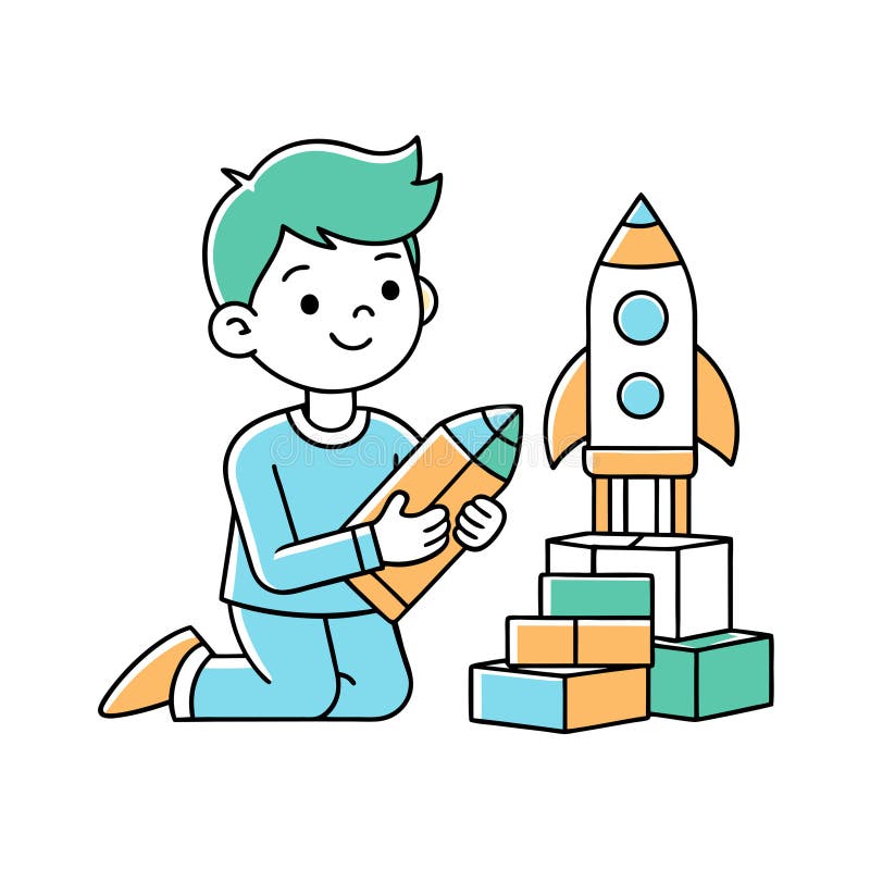Young Boy Building a Rocket with Blocks and Big Pencil Illustration ...