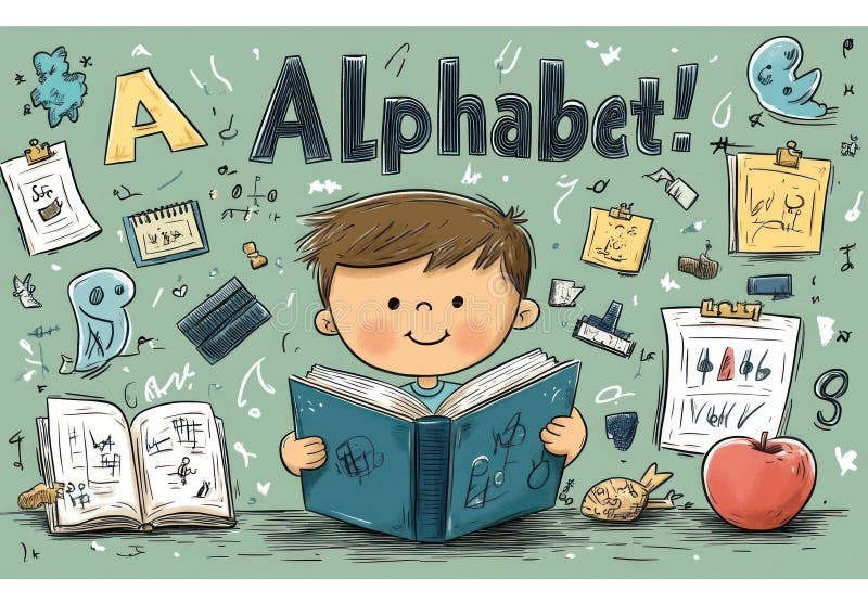 Illustration of a Boy Reading a Book with Letters and Symbols ...