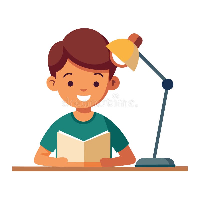 Illustration of a Boy Reading Under a Lamp, Flat Design Stock Vector ...