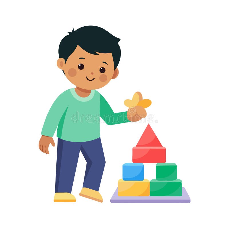 Young Boy Playing with Colorful Building Blocks Creating a Pyramid ...