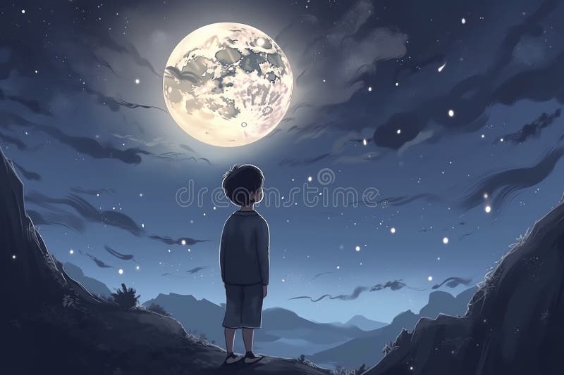 Illustration, the Boy Standing Looking at a Bright Moon, Ai Generative ...