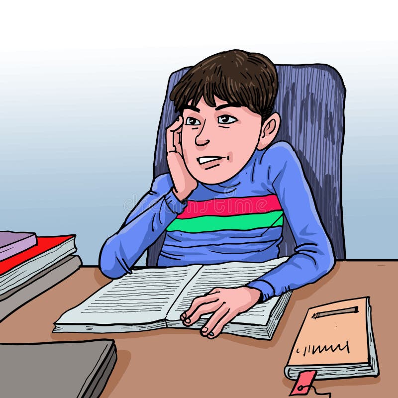 A Boy Thinking while Reading a Book Stock Vector - Illustration of ...