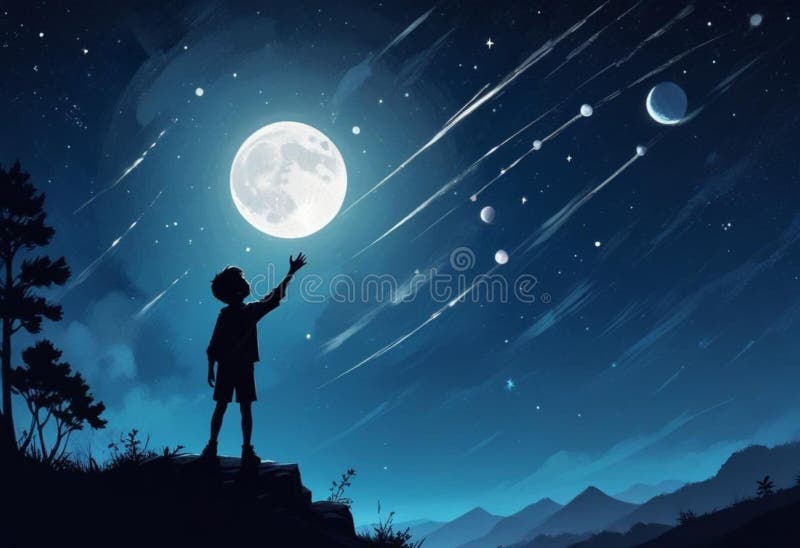 Illustration of a Boy Try To Touch the Moon, Stock Illustration ...