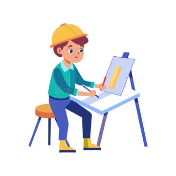 Young Architect Boy with Hard Hat Drawing on Drafting Table ...