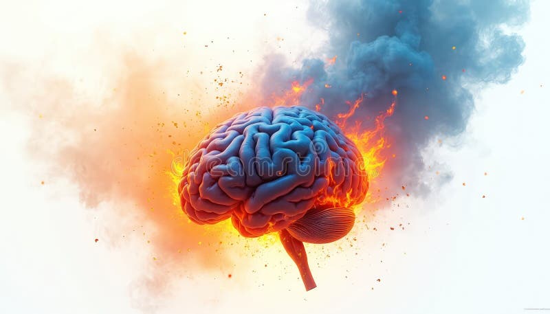 Illustration of Brain Burning in Fire Emitting Orange Smoke and Flames ...