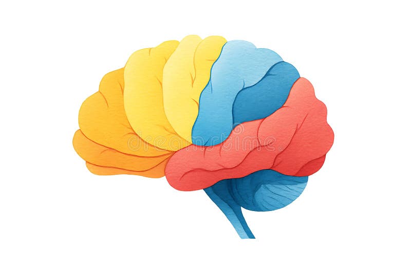 Illustration of a Brain with Distinct Colored Sections: Yellow, Blue ...