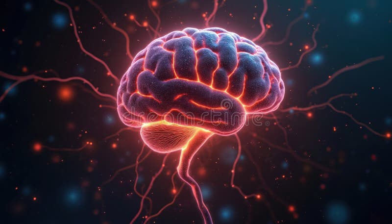 Illustration of Brain with Neuron Impulses Thinking Process. 3D Render ...
