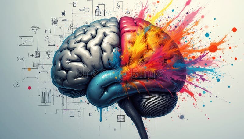 Illustration of Brain with Splashes of Color, Abstract Doodles Elements ...