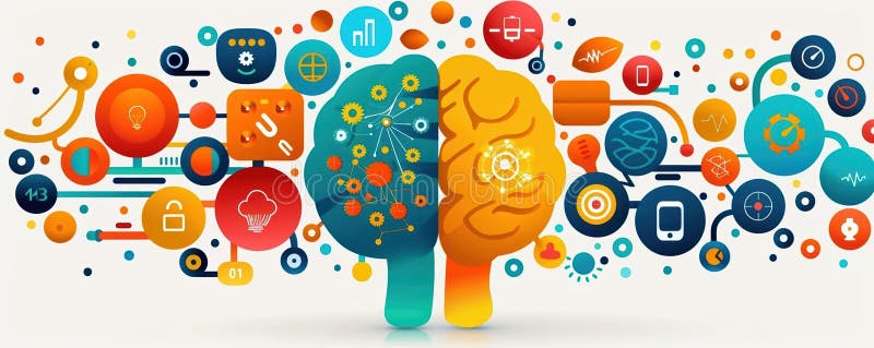 Illustration of a Brain Split into Colorful, Digital Patterns ...