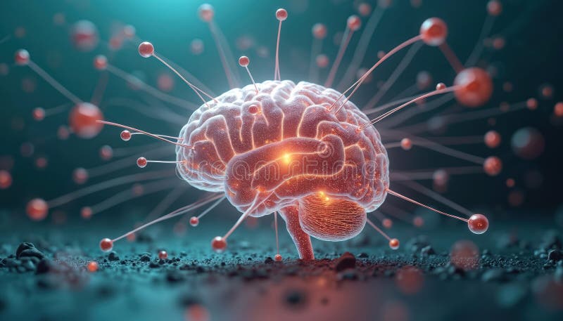 Illustration of Brain Surrounded by Synapses, Neurotransmitters ...