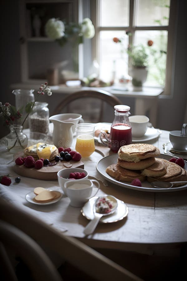 Illustration of Breakfast Near the Window. Table with Food and Beverage ...