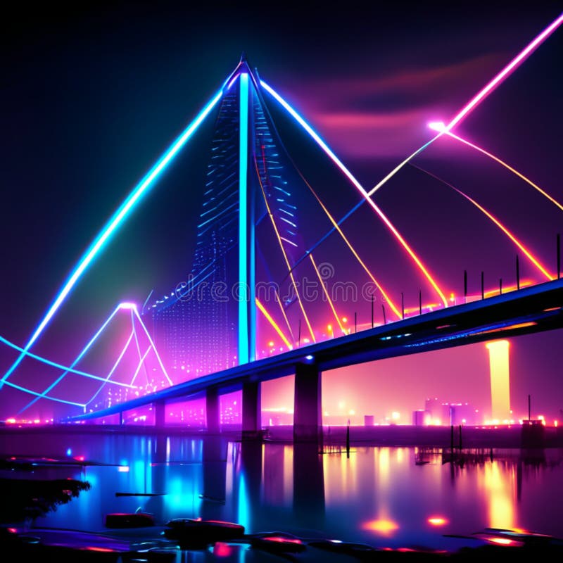 Illustration of a Bridge with Neon Lights in the Night. 3d Rendering ...