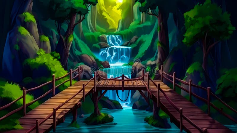 An Illustration of Bridge Over Waterfall in the Forest. Generative AI ...
