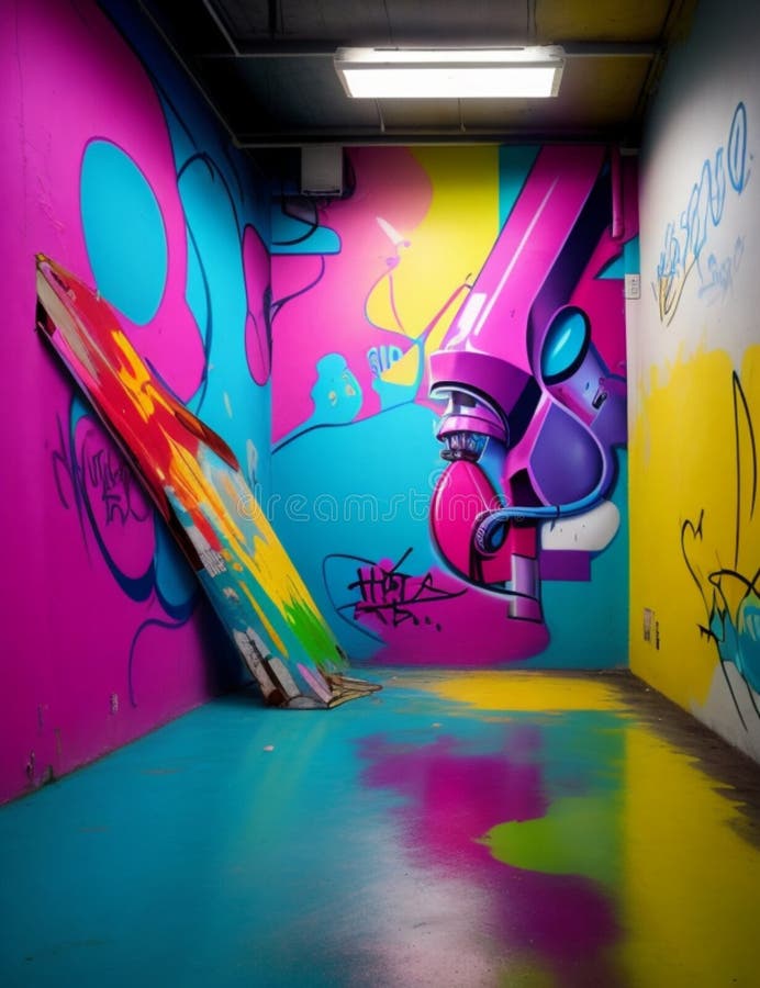 An Illustration in a Brightly Colored Room with Graffiti on the Walls ...