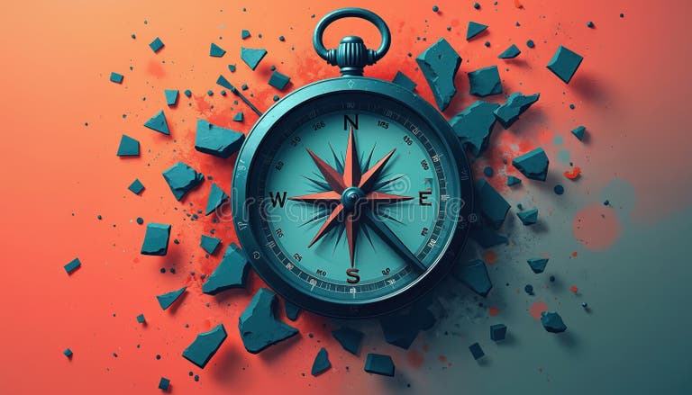 Illustration Broken Compass Against Vibrant Backdrop, Loss, Uncertainty ...