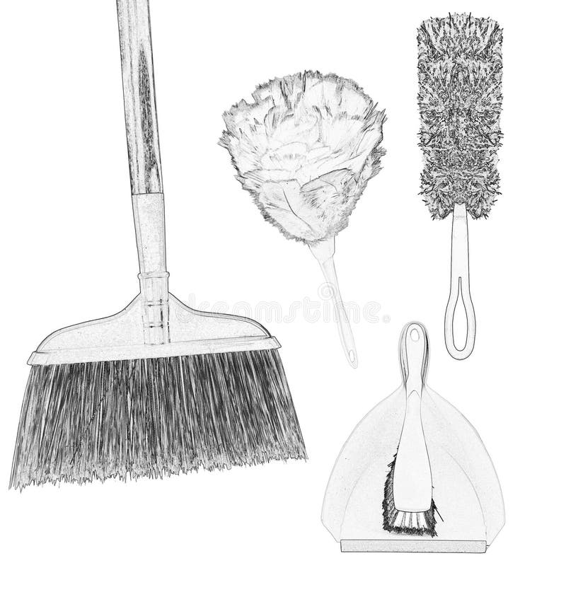 The Broom with Dustpan, Black and White Line Art Stock Vector ...