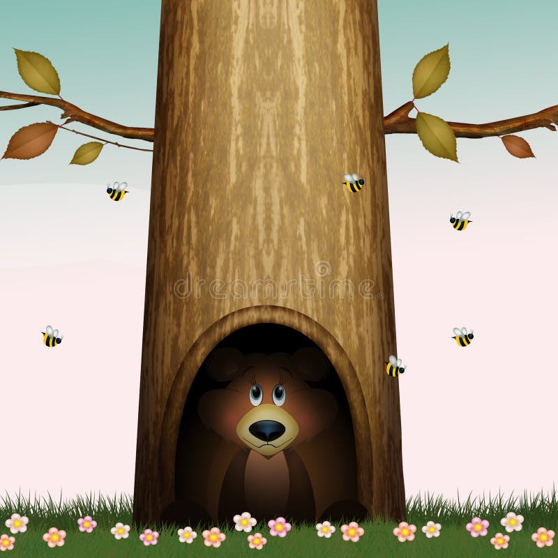 A Cute Bear Under the Tree with Bees and Pots of Honey Stock Vector ...