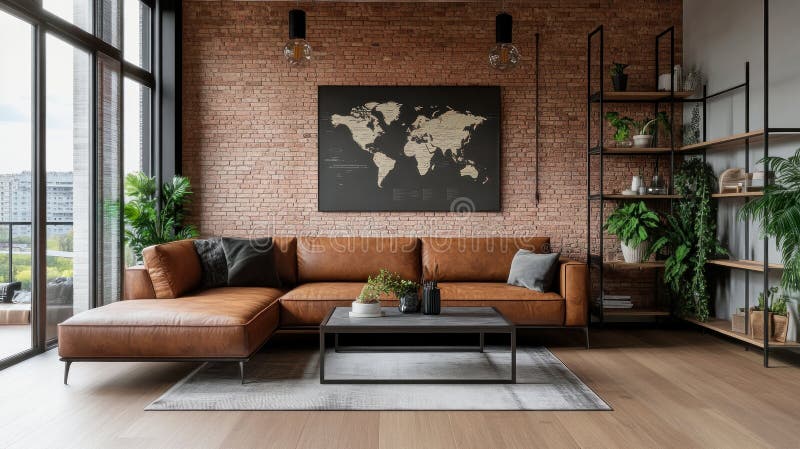 Modern Living Room Interior Brown Sofa World Map Stock Photos - Free & Royalty-Free Stock Photos ...