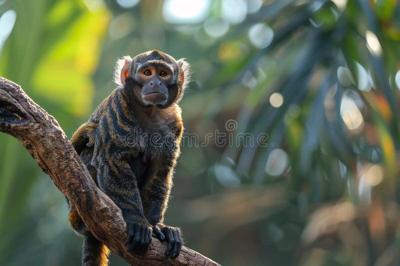 A Brown Striped Monkey is Perched on a Branch, High Quality, High ...