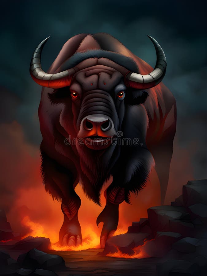 Illustration of a Buffalo with a Bull in the Middle of the Fire, Ai ...