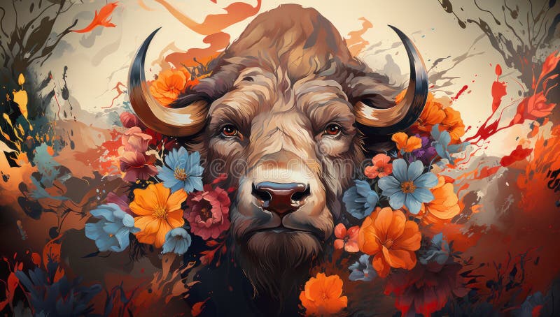 Illustration of a Buffalo Head with Creative Colorful Floral Elements ...