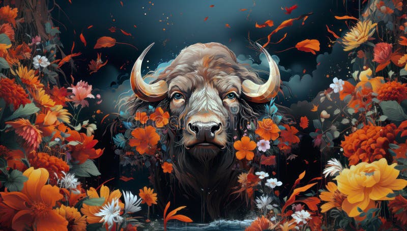 Illustration of a Buffalo Head with Creative Colorful Floral Elements ...