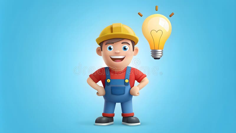 Illustration of a Builder with a Light Bulb on Blue Background. Idea ...