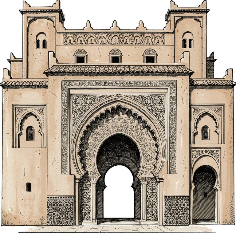 Illustration of a Building Featuring Islamic Architectural Elements ...