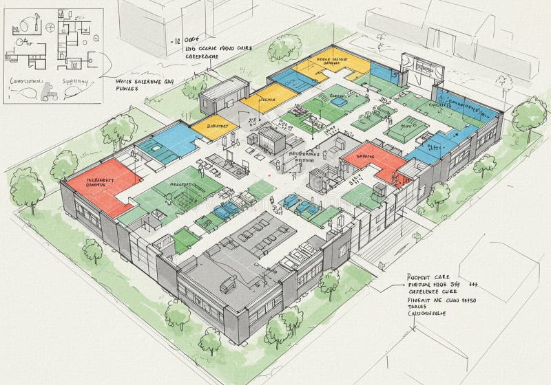 Illustration of a Building Floor Plan with Color-coded Sections ...