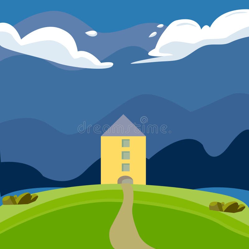 Illustration of Building on Hill Under Cloudy Sky. Flat Design Stock ...